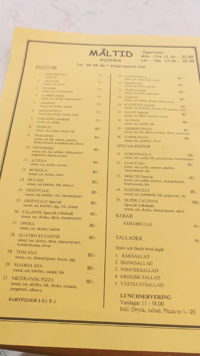 Menu at Måltid pizzeria, Uppsala