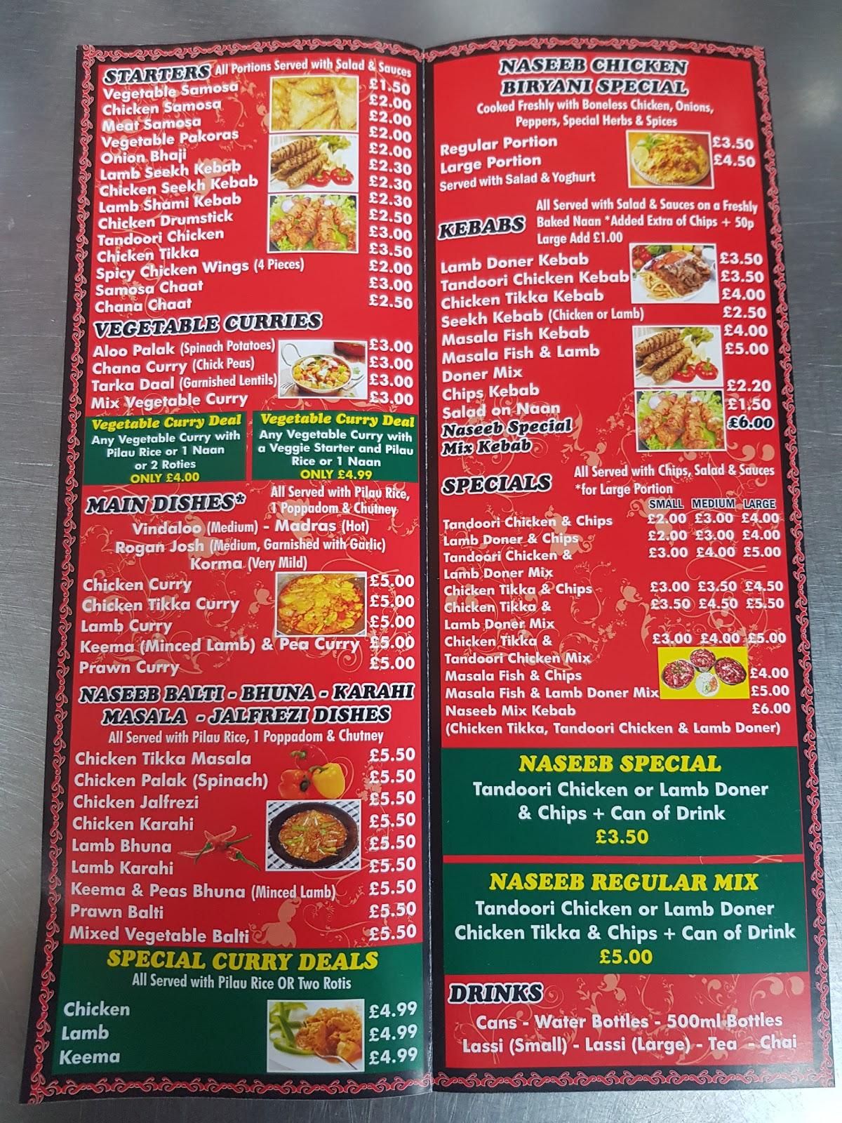 Menu at Naseeb Takeaway fast food, Nottingham