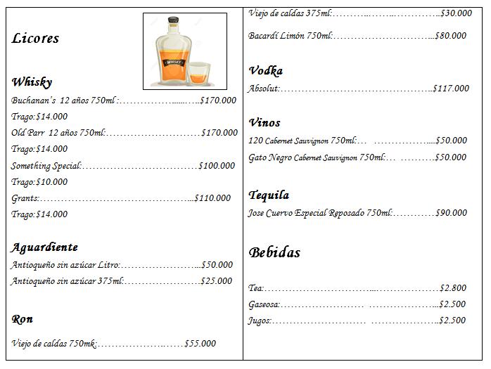 Menu at Night Song pub & bar, Bucaramanga