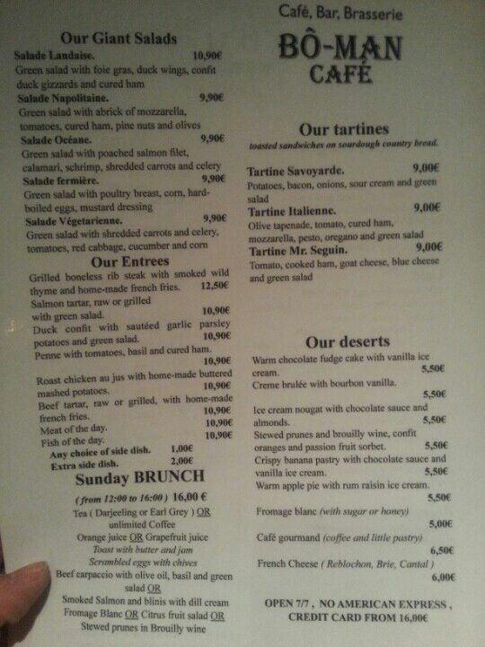 Menu at Bo man café, Paris
