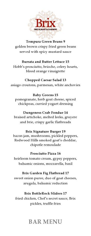Menu at Brix pub & bar, Yountville