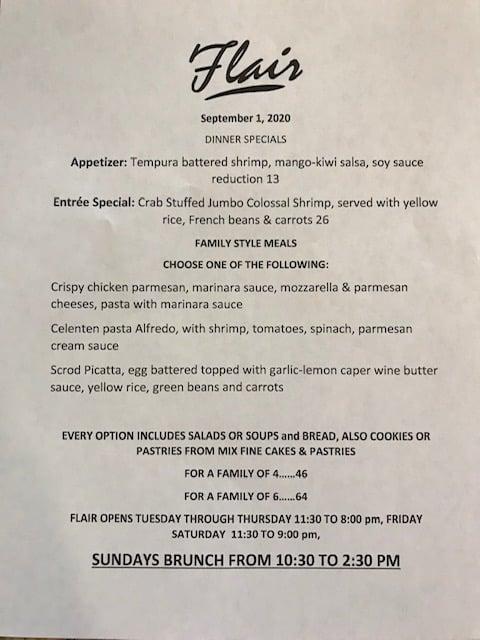 Menu at Flair Restaurant & Bar, Southington