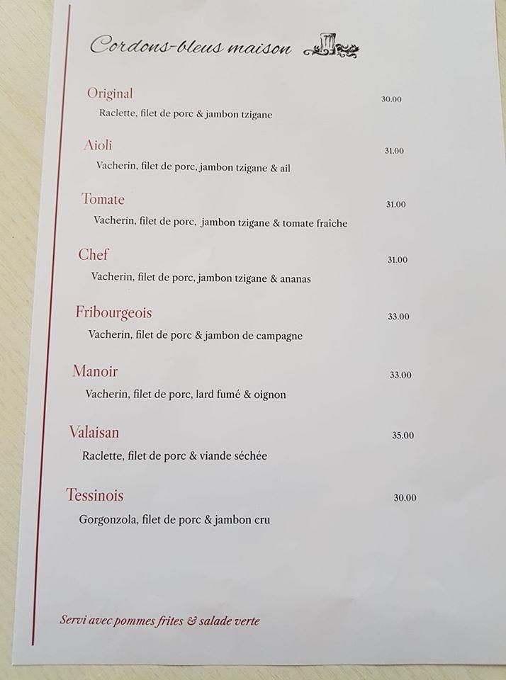 Menu at Hôtel le Manoir, Vaulruz, Grand-Rue 53