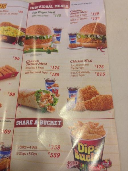 Menu at KFC, Vijayawada, KK Towers