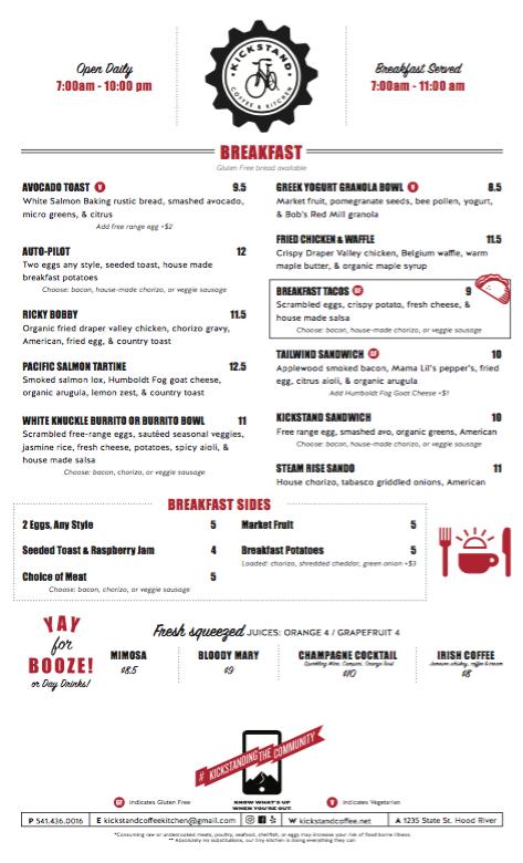Menu at KickStand Coffee & Kitchen pub & bar, Hood River
