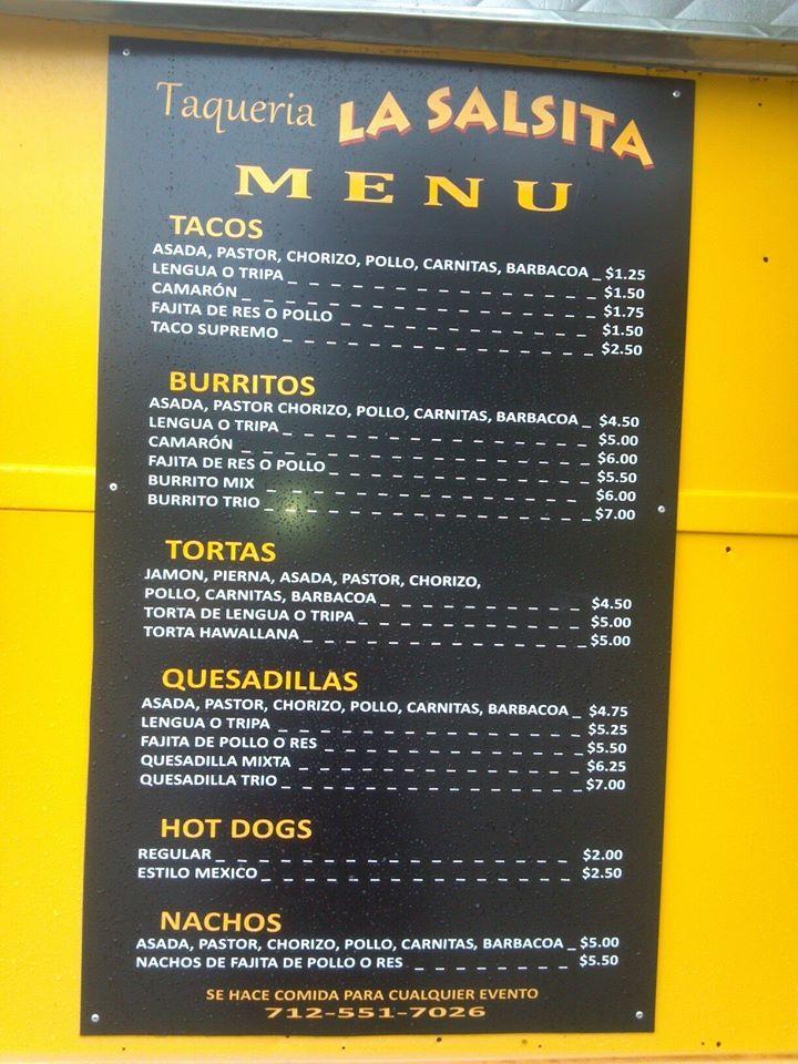 Menu at La Salsita restaurant, Hawarden