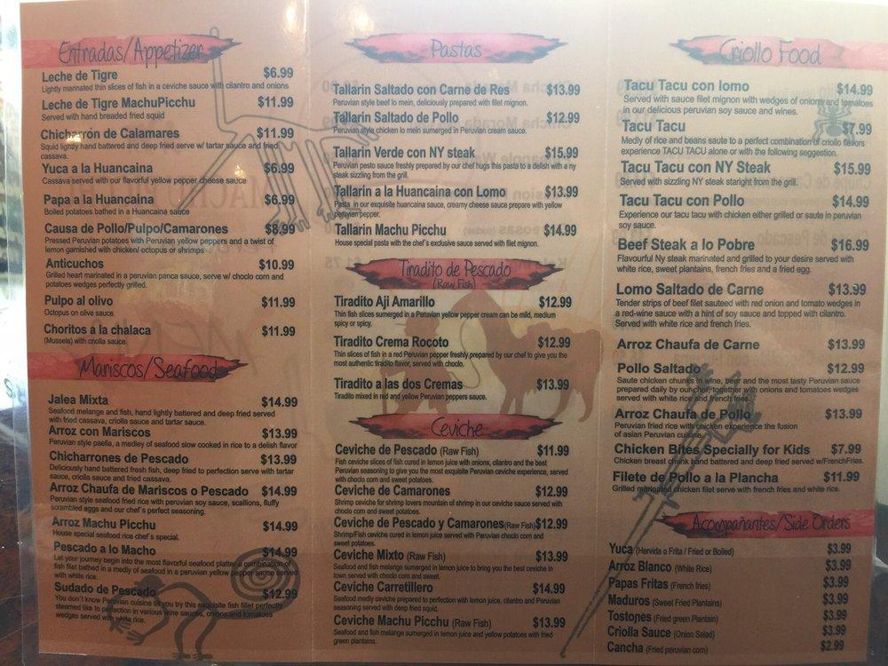 Menu at Machu Picchu Restaurant, Port St. Lucie