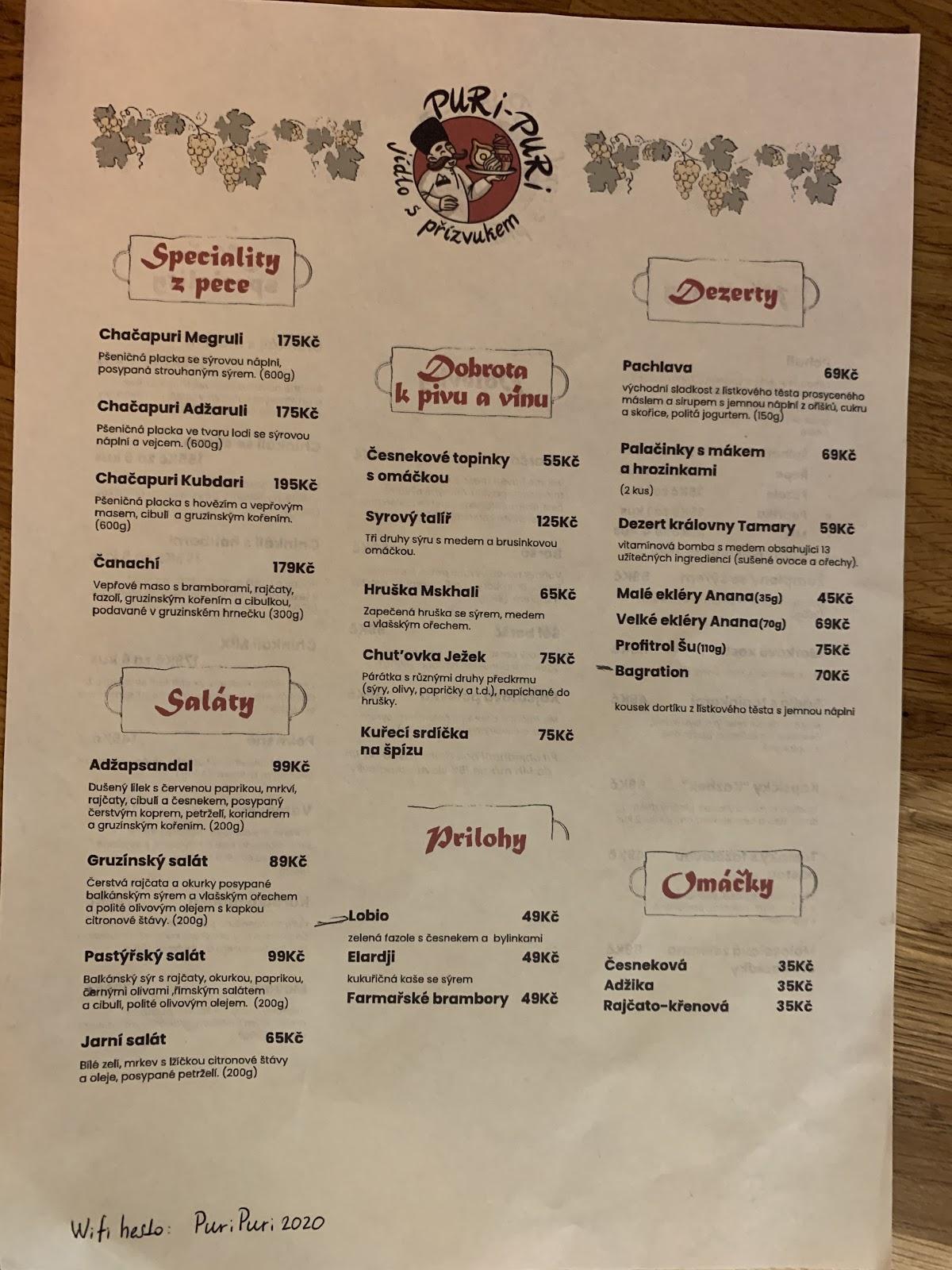 Menu at Puri-Puri restaurant, Czech Republic