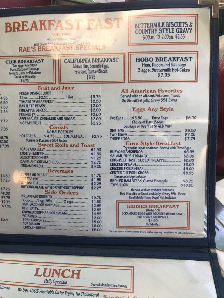 Menu at Rae's Restaurant, Santa Monica