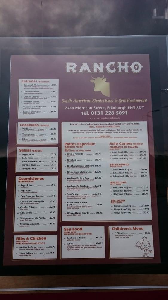 Menu at Rancho Steak House steakhouse, Edinburgh