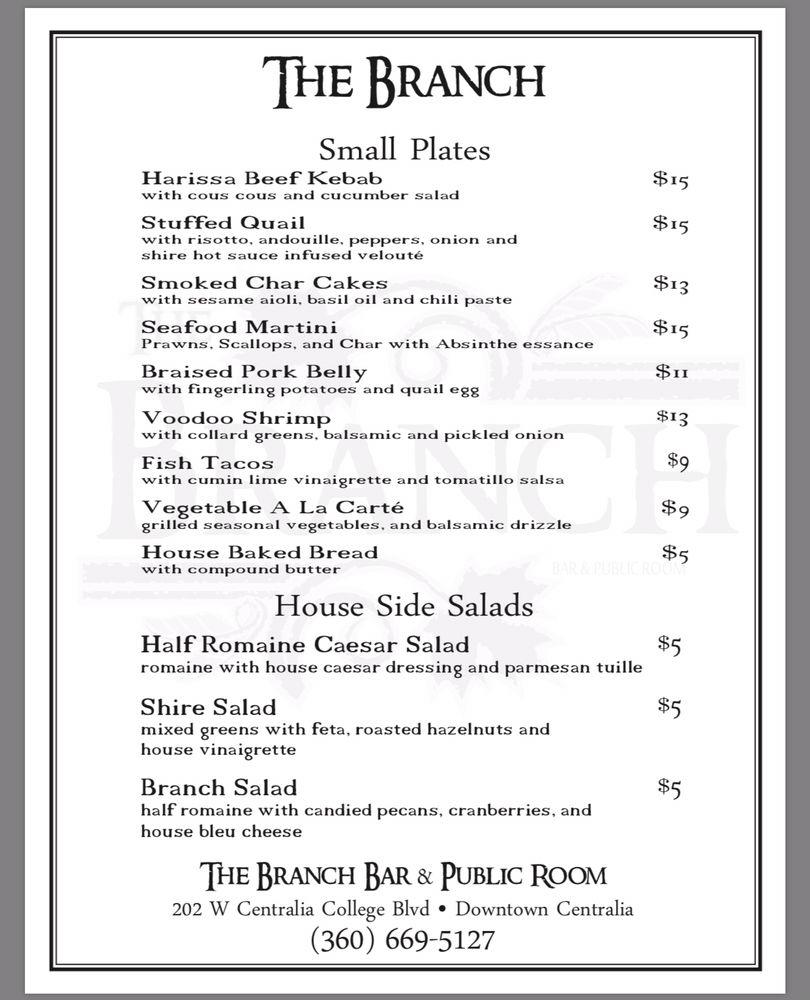 Menu at The Branch Bar & Public Room, Centralia