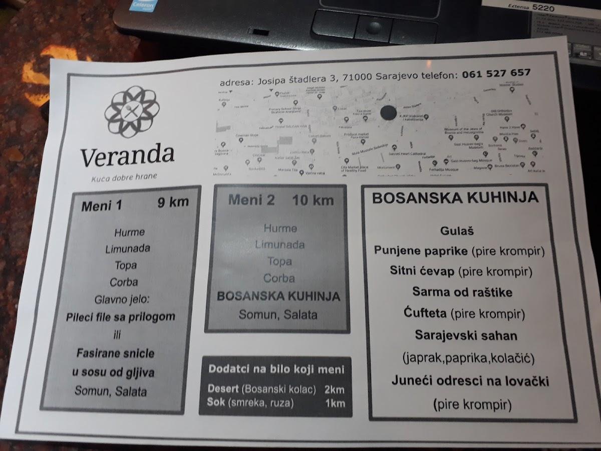 Menu at Veranda restaurant, Sarajevo