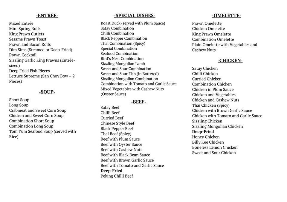 Menu at Wing Cheng restaurant, Tumut, 141 Wynyard St