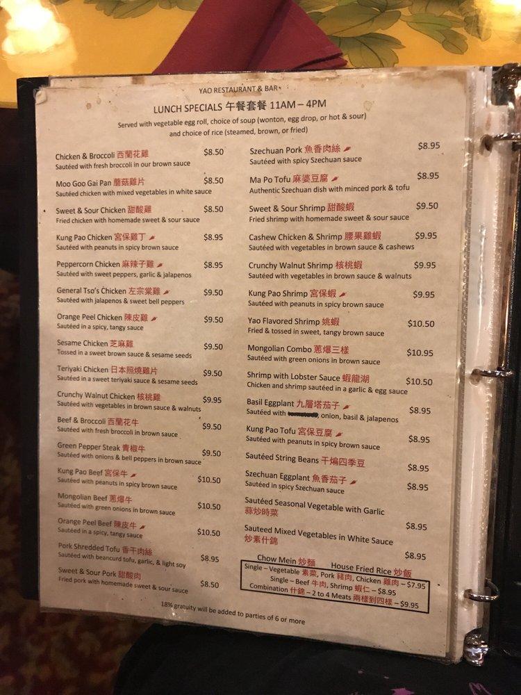 Menu at YAO Restaurant & Bar, Houston, Westheimer Rd