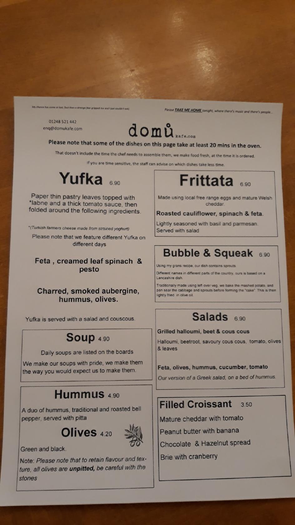 Menu at domu restaurant, Bangor