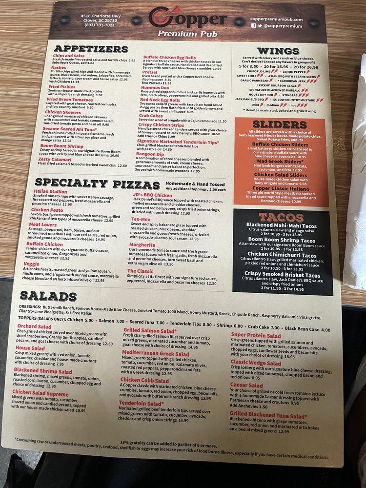 Menu at Copper Premium Pub, Lake Wylie