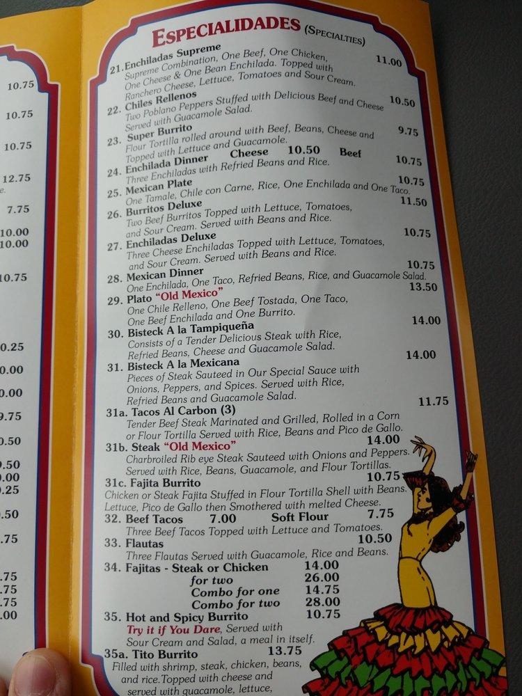 Menu at El Mexicano restaurant, New Iberia
