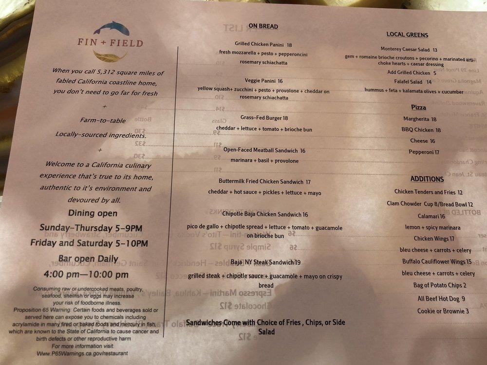 Menu at Fin + Field Restaurant and Bar, Monterey