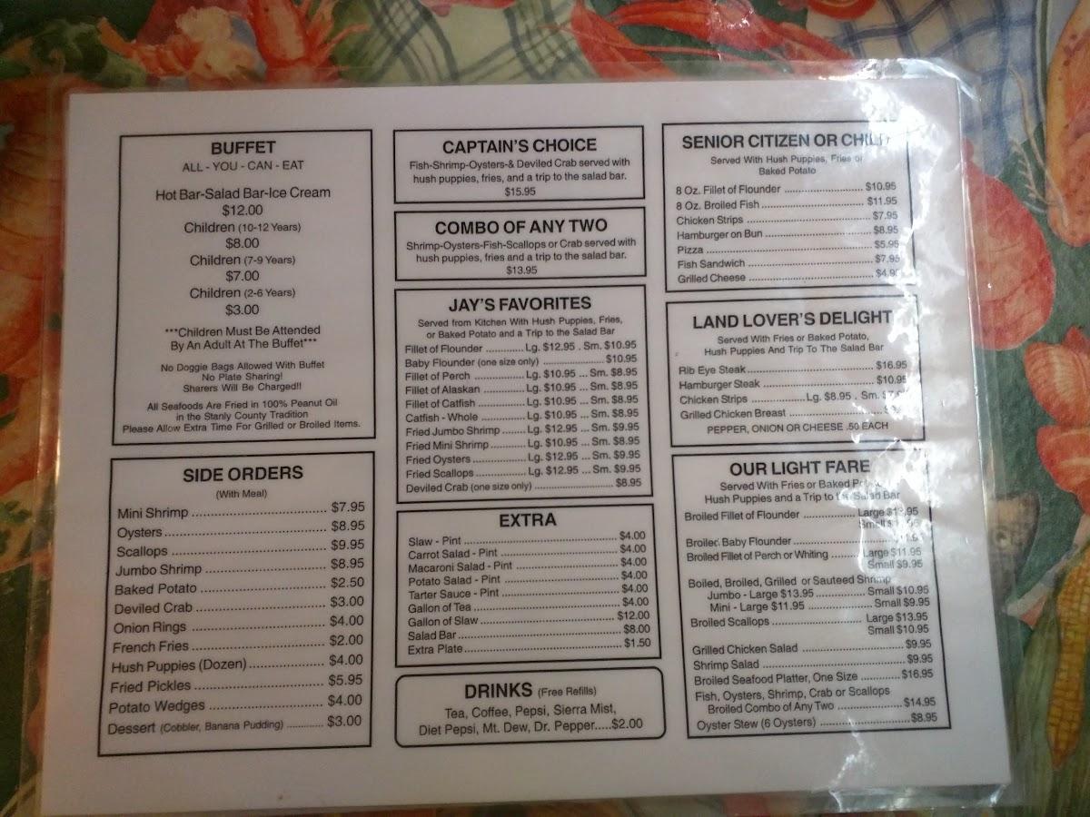 Menu at Jay's Seafood Restaurant, Albemarle