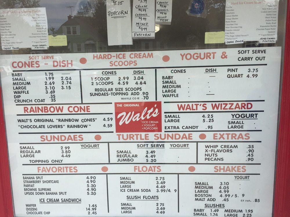 Menu at The Original Walt's Ice Cream restaurant, Joliet