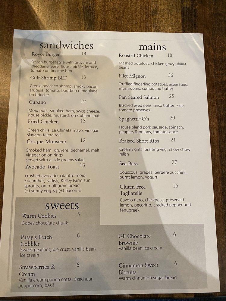Menu at The Royce restaurant, Columbus