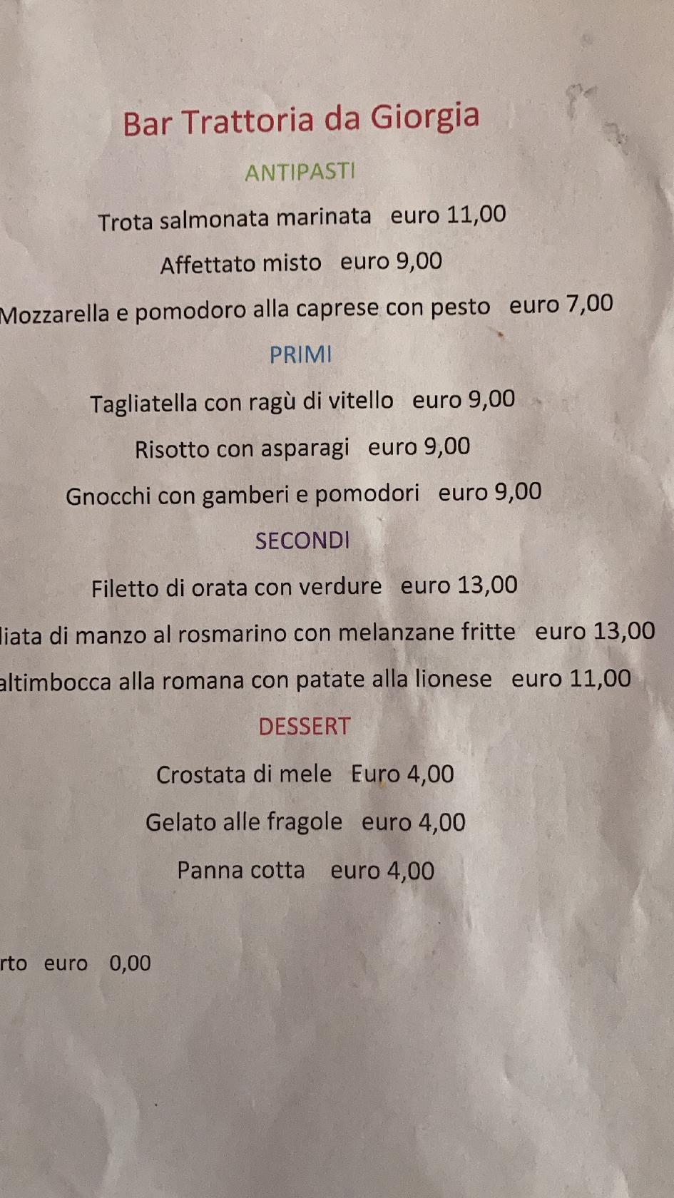 Menu da Bar Trattoria Da Giorgia, Omegna