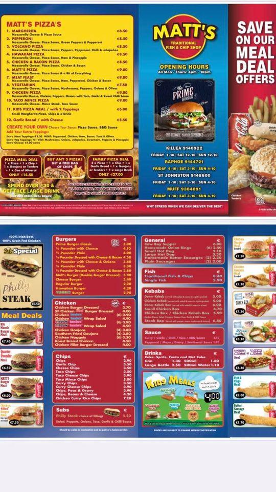Carta del restaurante Matts Diner, Irlanda