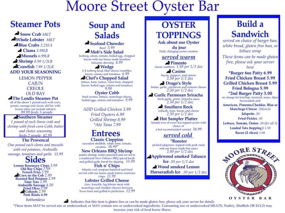 Menu at Moore Street Oyster Bar, Southport