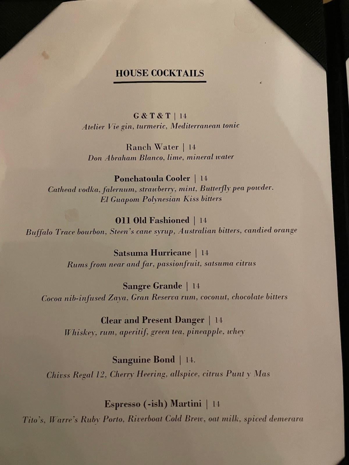 Menu at Observatory Eleven Bar, New Orleans