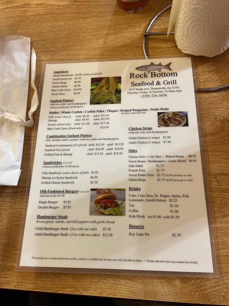 Menu at Rock Bottom Seafood & Grill restaurant, Thomasville