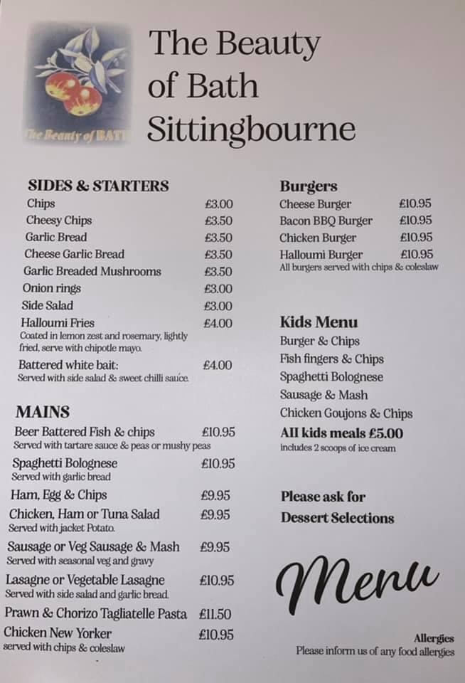 Menu at The Beauty of Bath pub & bar, Sittingbourne