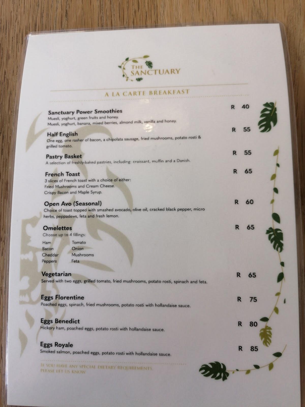Menu au The Sanctuary Restaurant, Le Cap