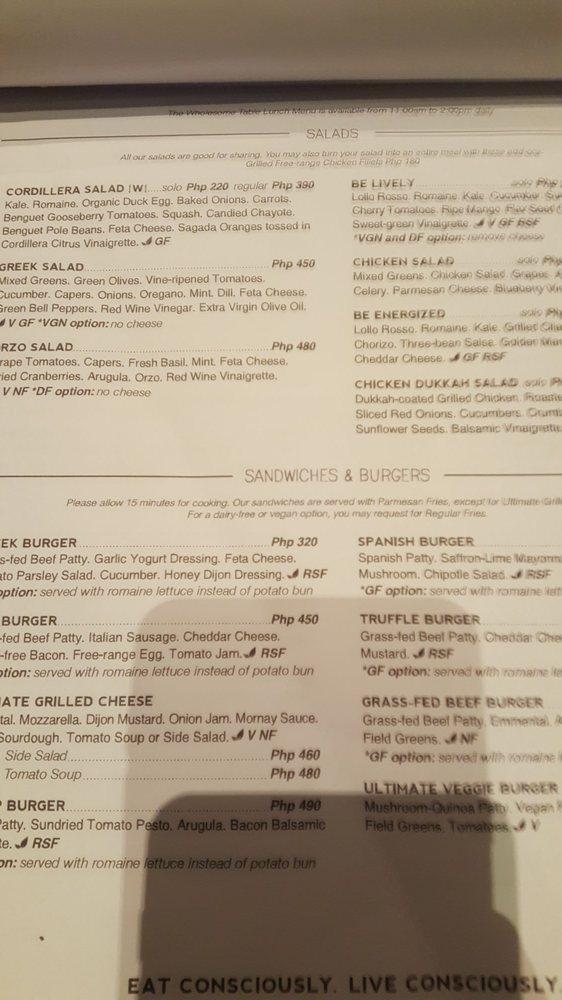 Menu at The Wholesome Table BGC restaurant, Taguig, Central Square