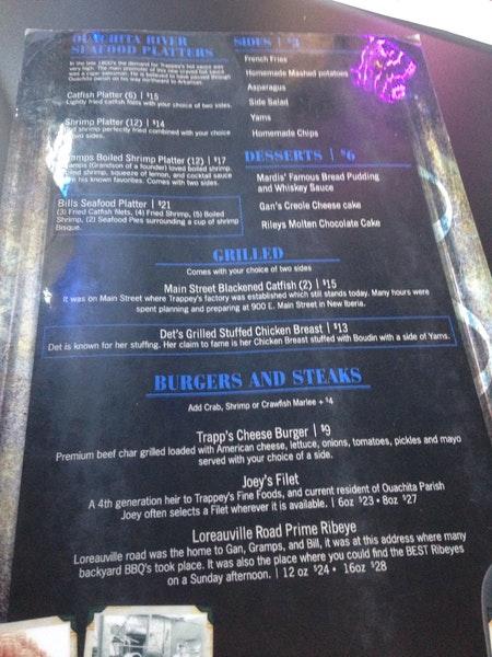 Menu at Trapp's restaurant, West Monroe