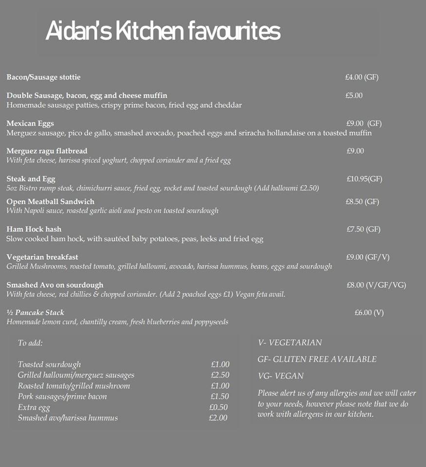 Menu at Aidan's Kitchen cafe, Newcastle upon Tyne