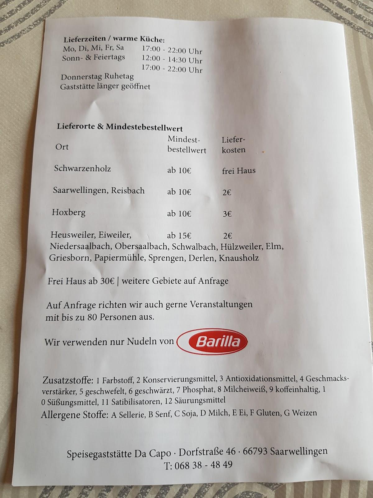 Menu at Da Capo restaurant, Saarwellingen
