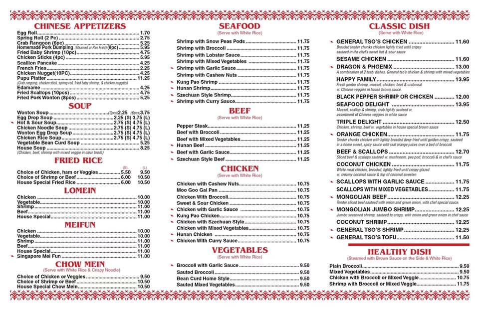 Menu at Dragon China Kitchen restaurant, Delta