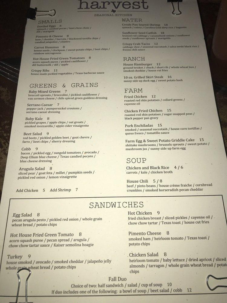 Menu at Harvest restaurant, McKinney