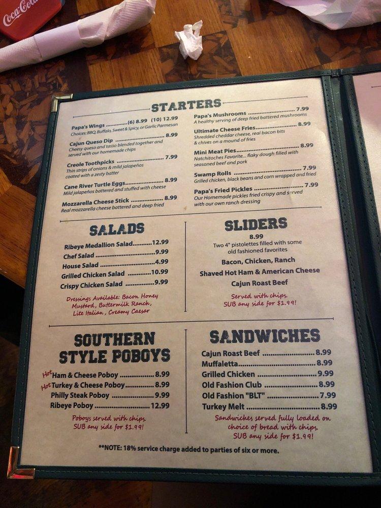 Menu at Papa's Bar & Grill, Natchitoches