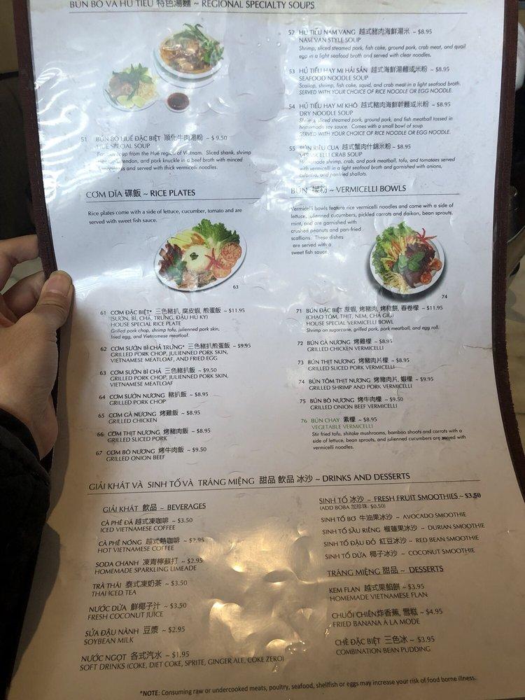 Menu at Pho Linh restaurant, Quincy
