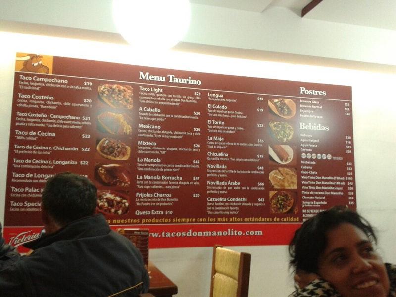 Menu at Tacos Don Manolito pub & bar, Mexico City, Av. Universidad 333