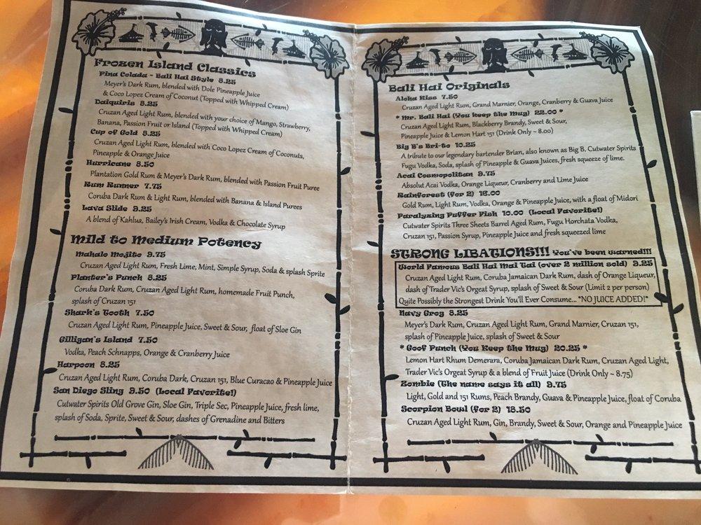 Menu at Bali Hai Restaurant, San Diego