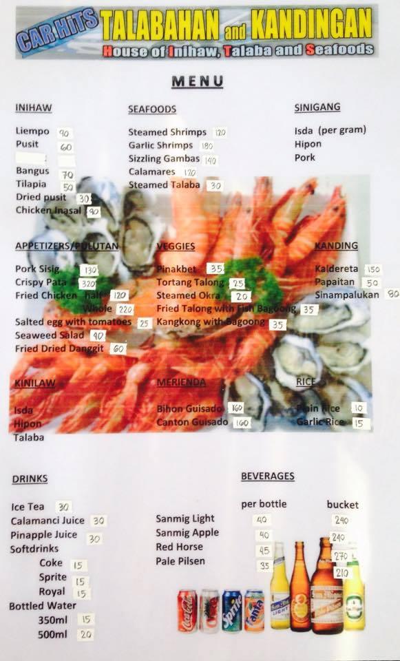 Menu at CAR HITS Haus of Inihaw, Talaba, Seafoods and Kandingan pub ...