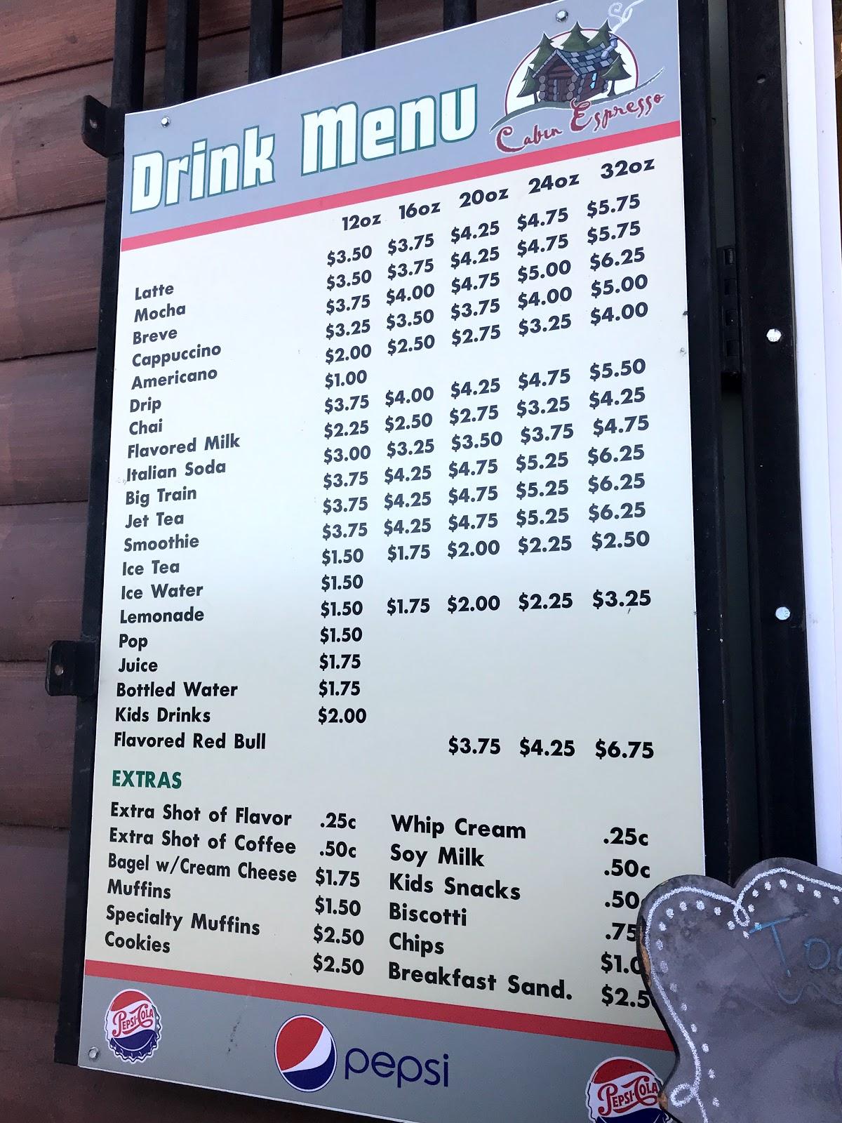 Menu at Cabin Espresso pub & bar, Yakima