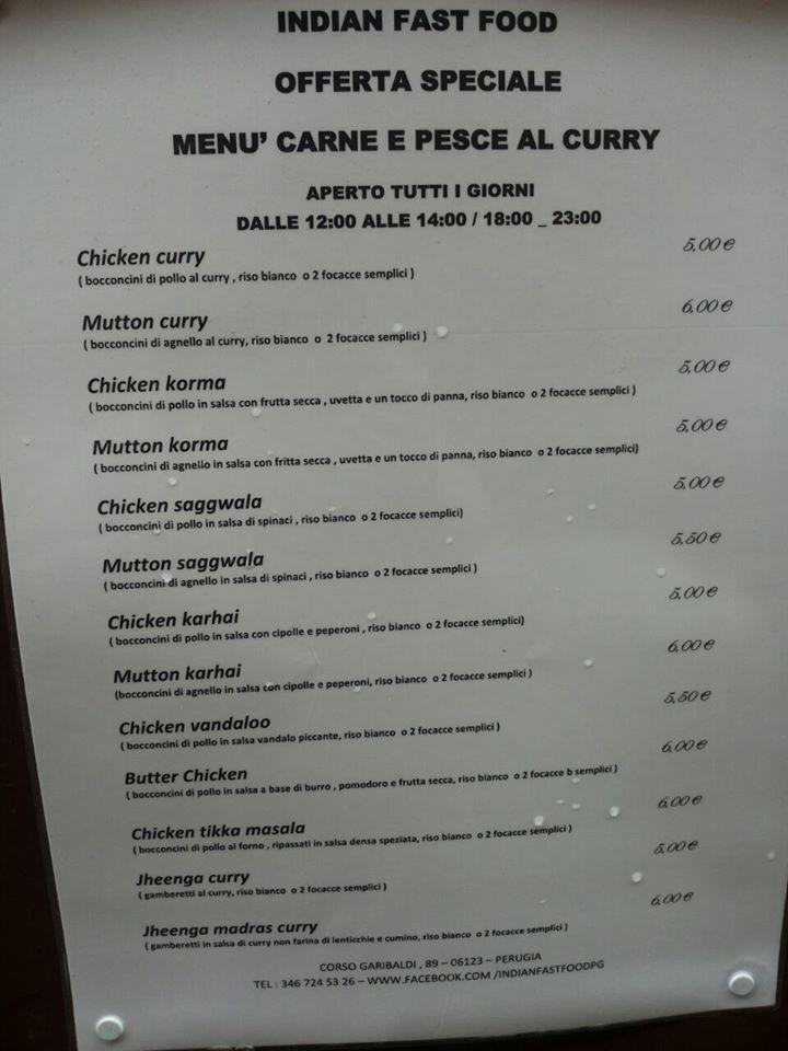 Menu at Indian Fast Food, Perugia