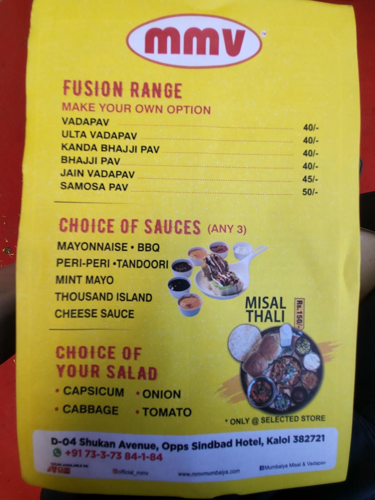 Menu at MMV Mumbaiya Misal and Vadapav Kalol, Kalol
