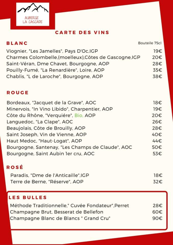Carta del pub y bar Auberge La Cascade, Avrieux