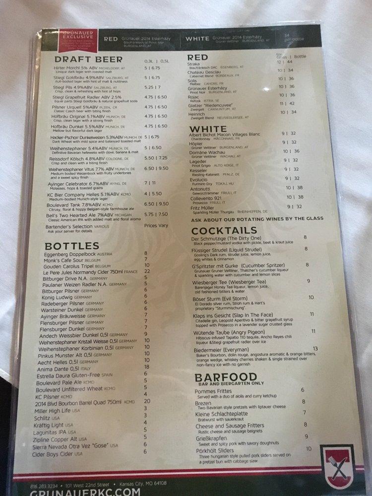 Menu at Grünauer pub & bar, Kansas City