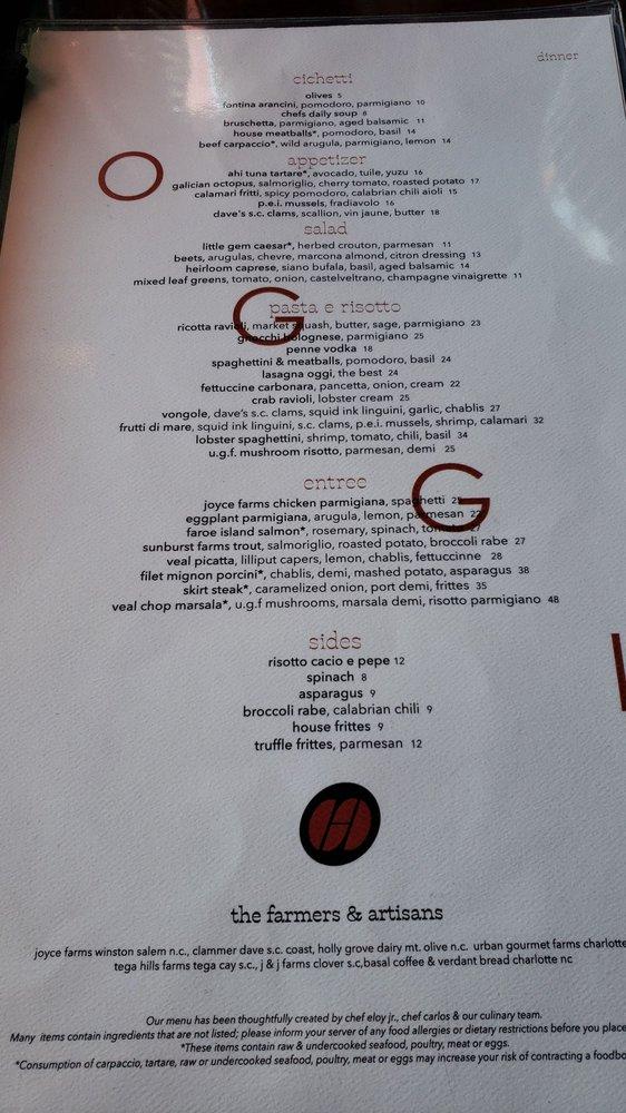 Menu at OGGI Ristorante Italiano restaurant, Charlotte, Hawfield Way Dr
