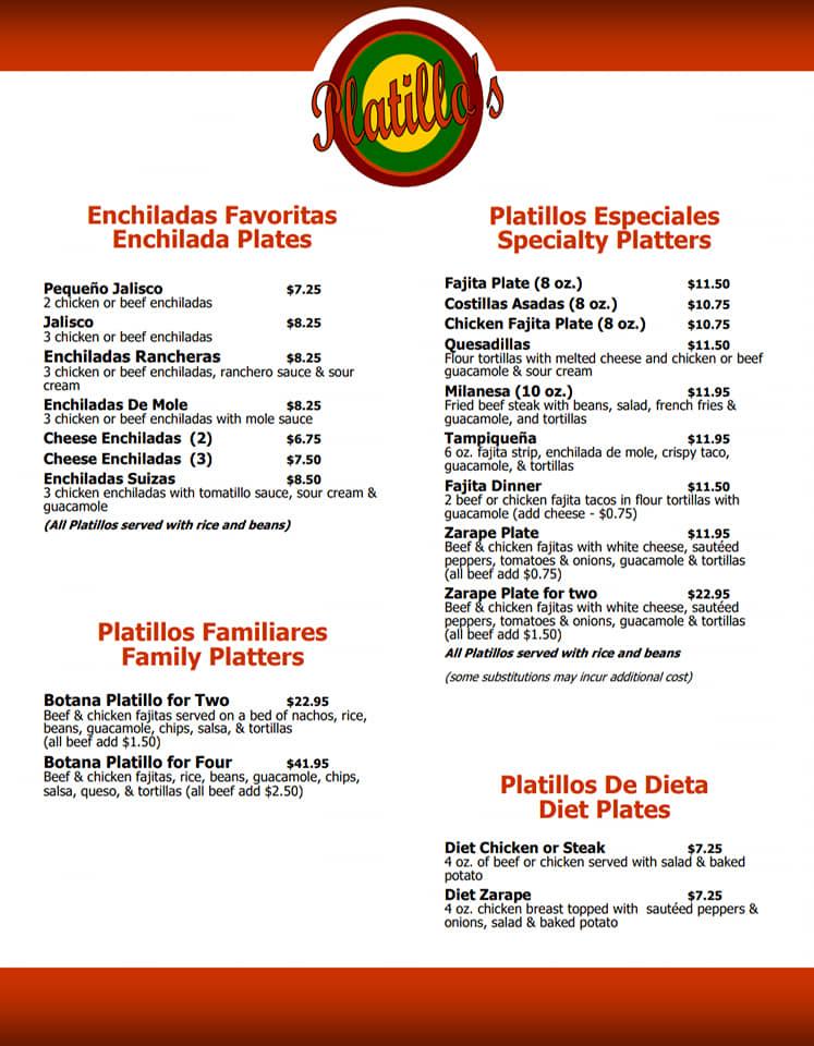 Menu at Platillo's restaurant, Harlingen
